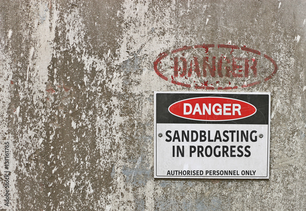 red, black and white Danger, Sandblasting In Progress warning sign foto ...