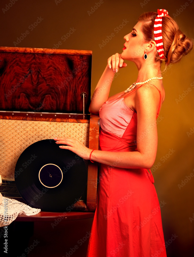 Retro woman with music vinyl record and gramophone. Pin-up retro female ...