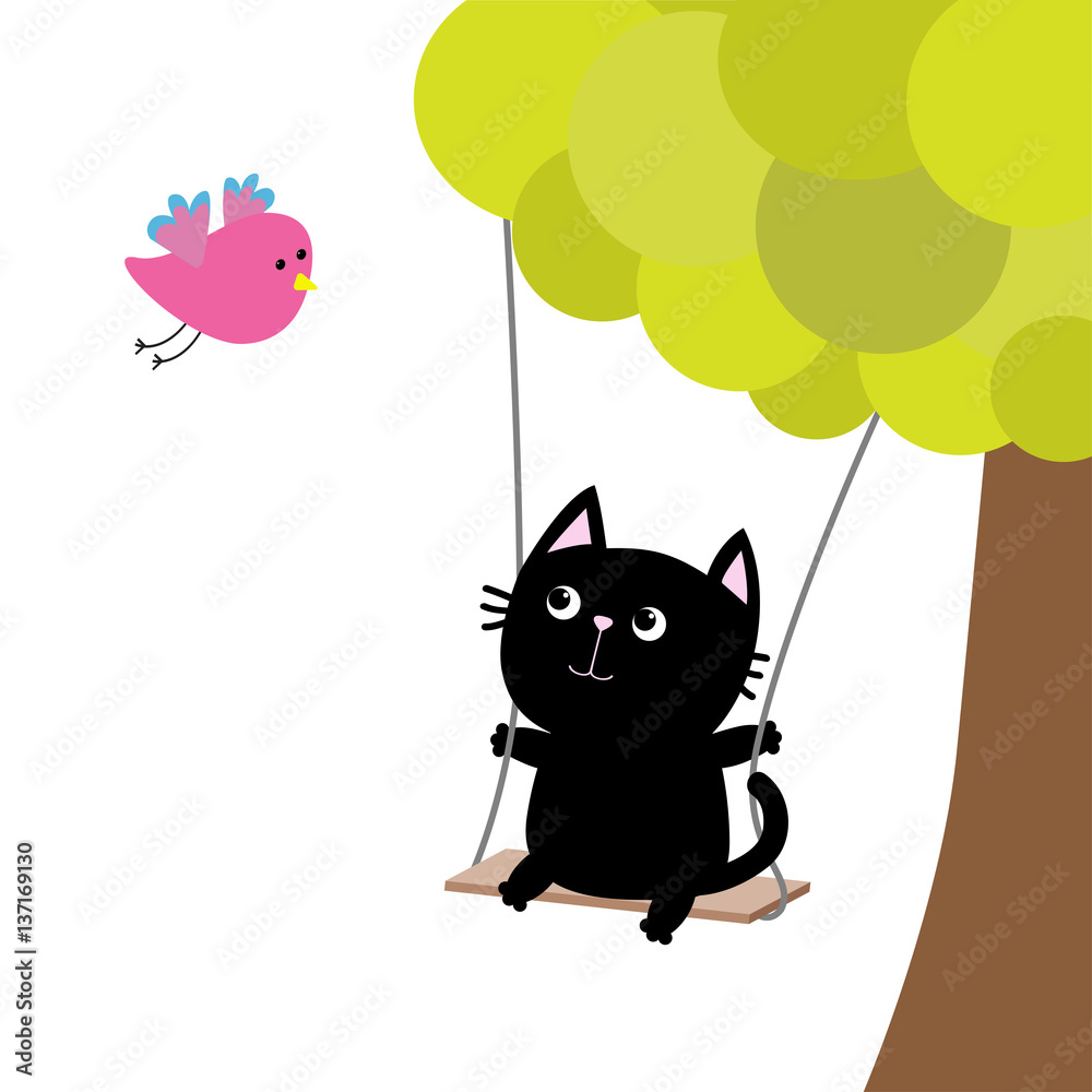 Cat ride on the swing. Green tree. Flying pink bird. Cute fat cartoon ...