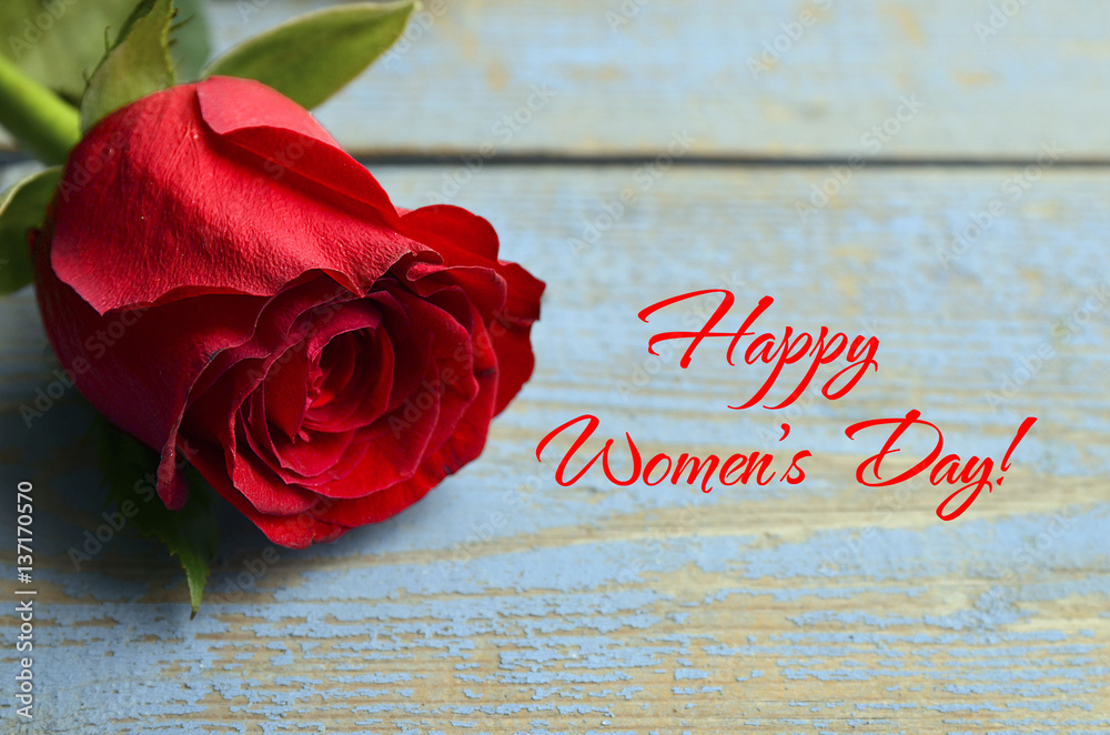 Happy Womens Day.Rose on a blue old wooden background for Women's Day ...