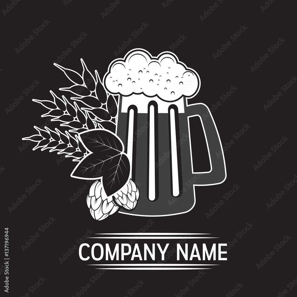 Beer mug with hope cone, windmill in a field and ears of wheat. Vector ...