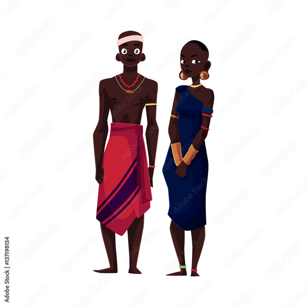Native black aboriginal man and woman from African tribe, cartoon ...