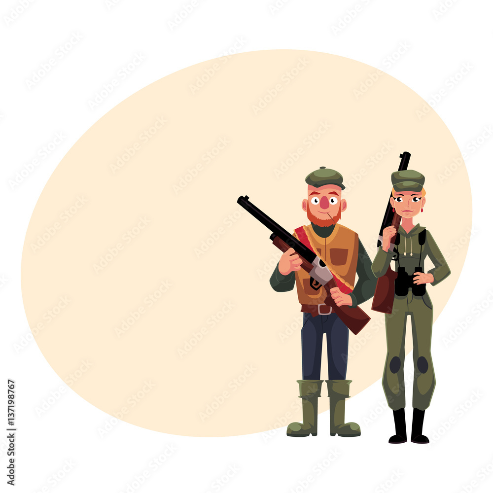 Two hunters, male and female, standing and holding rifles, cartoon ...