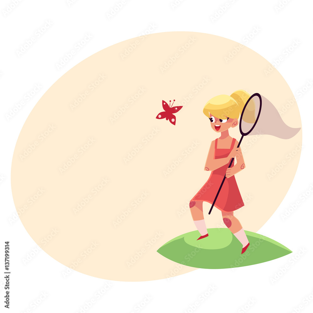Pretty little girl catching butterfly with a net, summer vacation ...