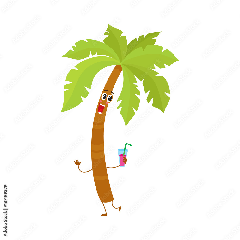 Funny tropical palm tree character holding a cocktail glass, cartoon ...