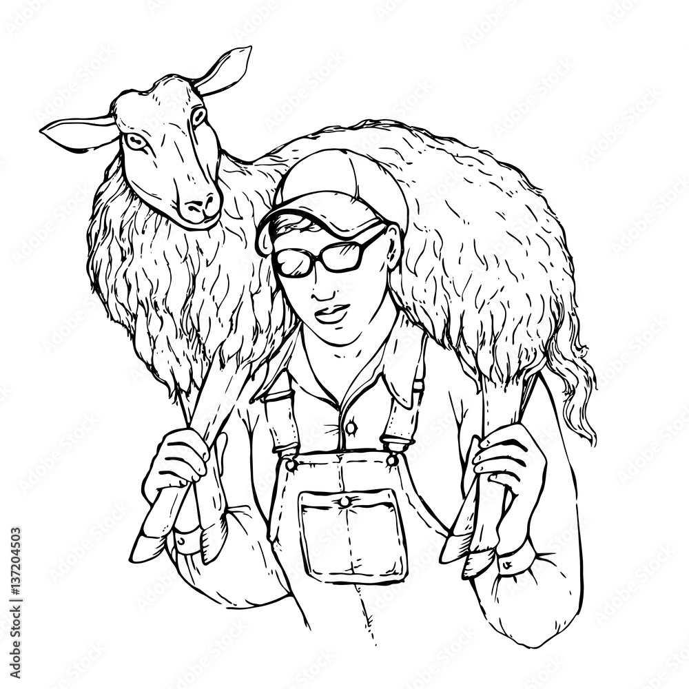 Illustration of a young strong farmer boy with sheep on his shoulders ...