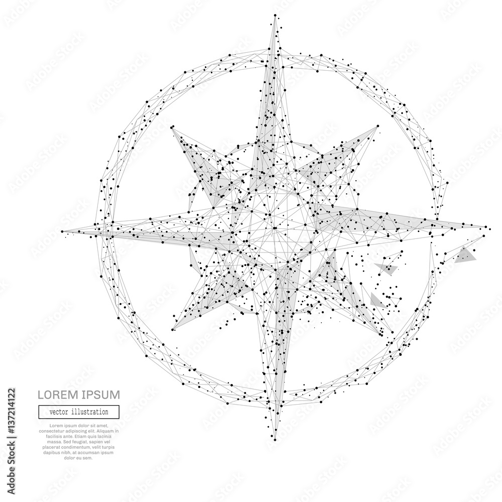 Grey compass rose with polygon line on abstract background. Polygonal ...