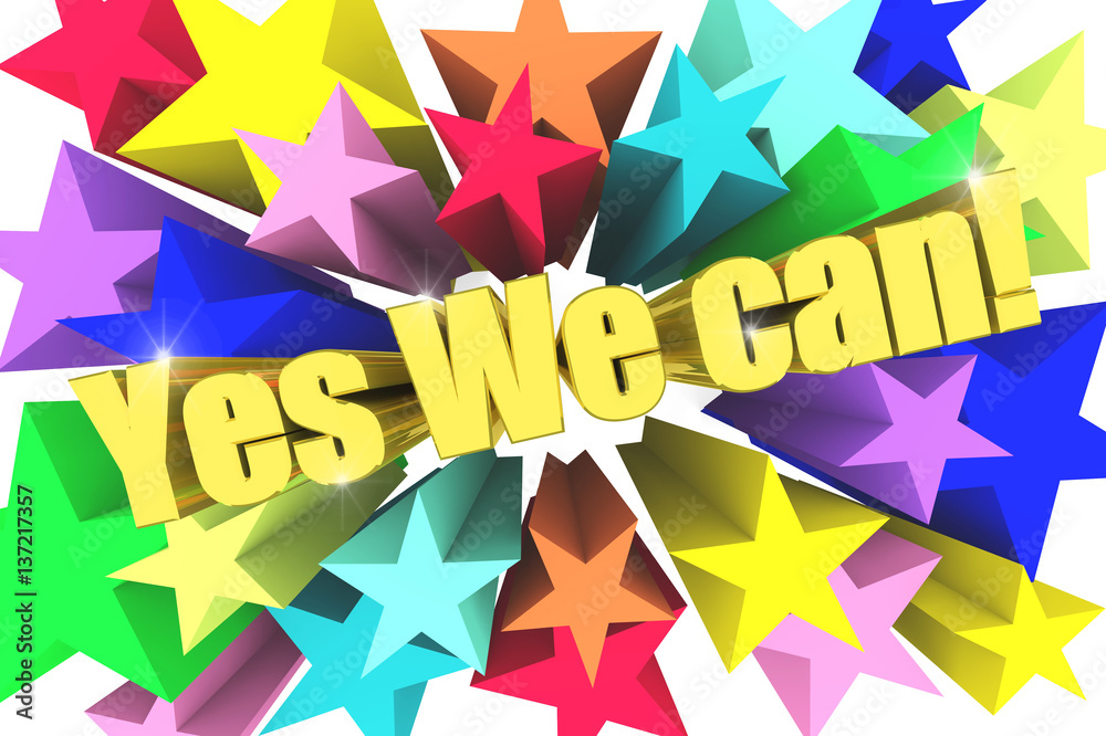 Yes We Can motto. Golden text with vivid stars. 3d render Stock Photo ...