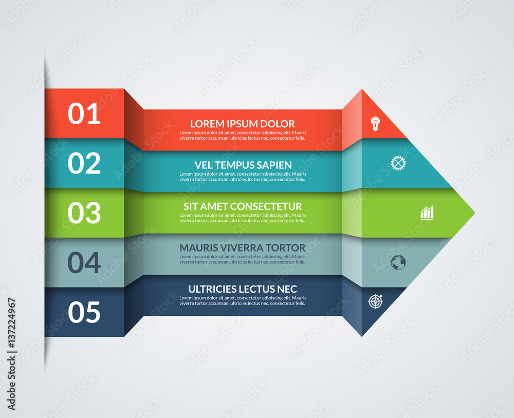 Modern minimalistic infographics. Big paper arrow of 5 colored ...