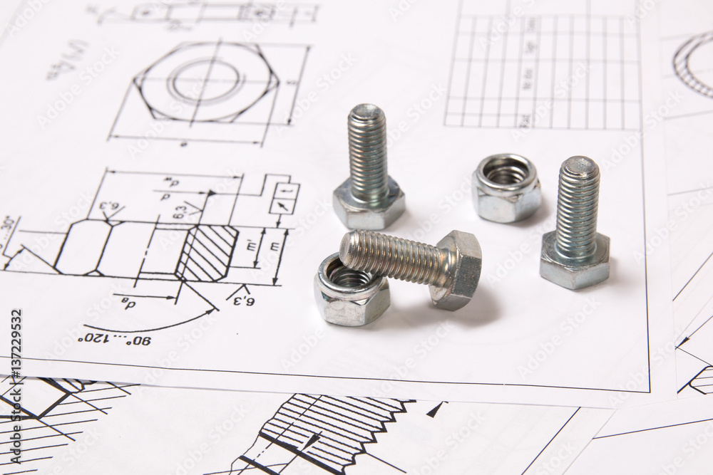 Technical drawings of bolts and nuts. Engineering, technology and metalworking. Metal bolt and ...