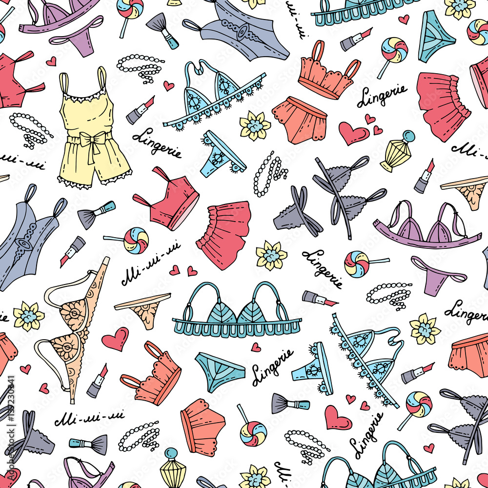 Vector seamless pattern with hand drawn colored lingerie. Pattern on ...