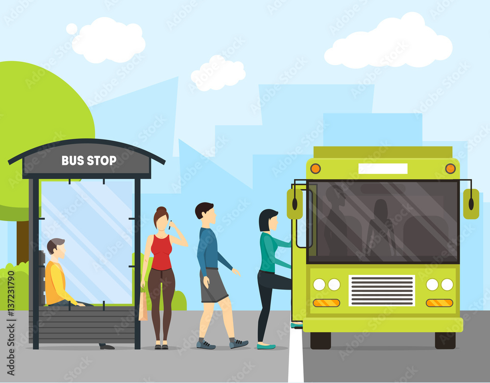 Cartoon Bus Stop with Transport and People. Vector Stock Vector | Adobe ...
