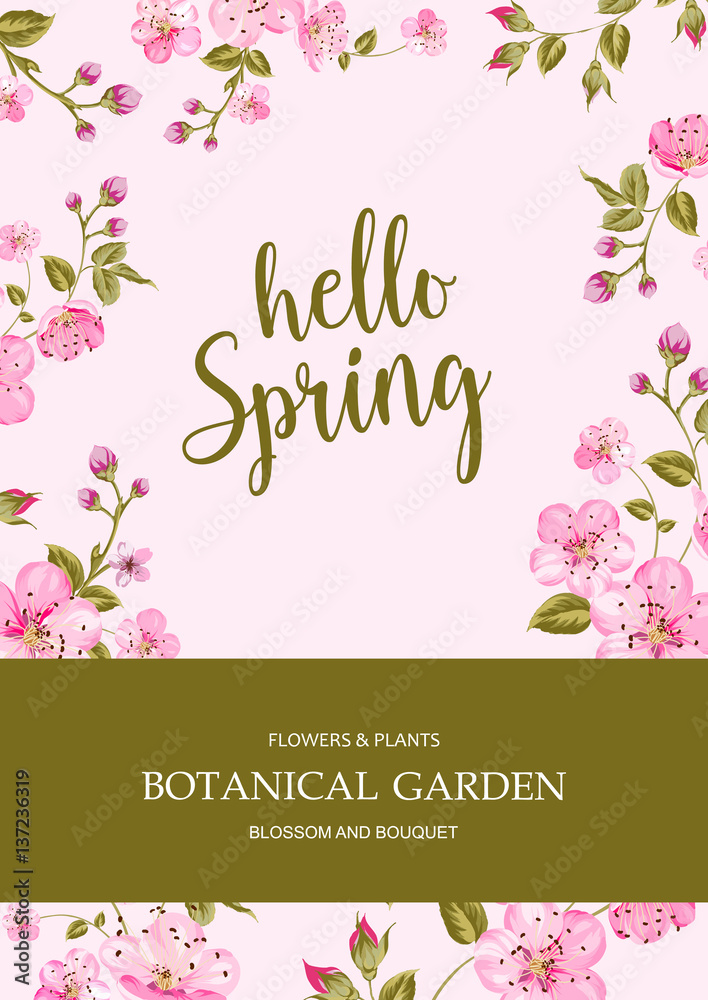 Cherry blossom card with sign Hello Spring. Text over pink background ...