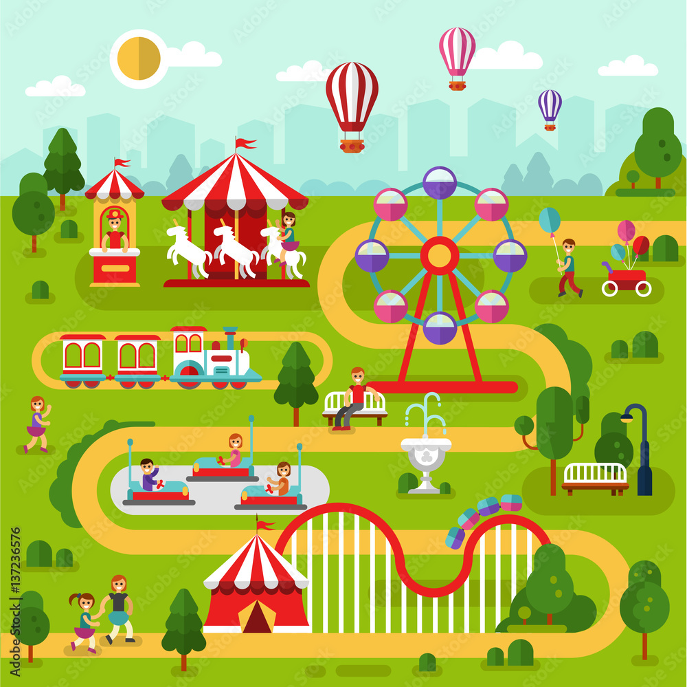 Flat design vector landscape illustration of spend time in amusement ...