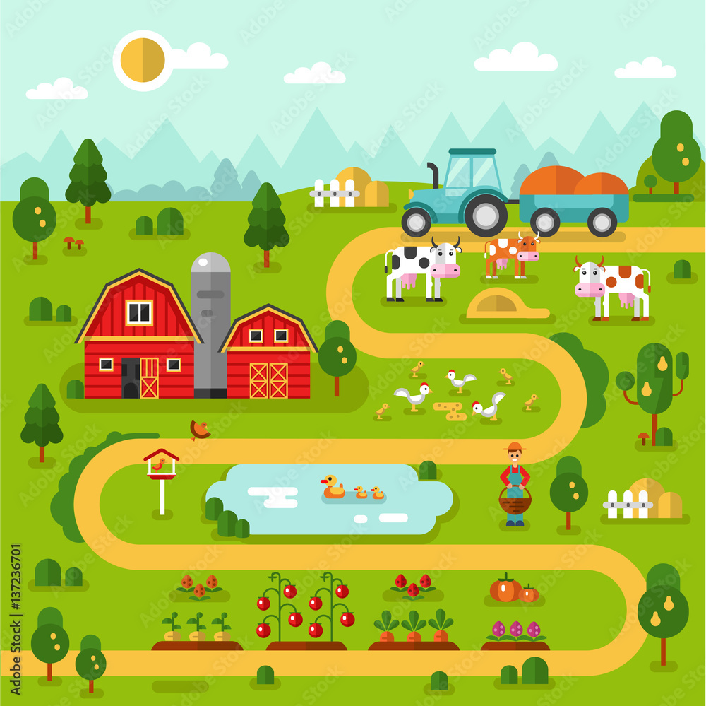 Flat design vector landscape illustration of farm map with barn, garden ...