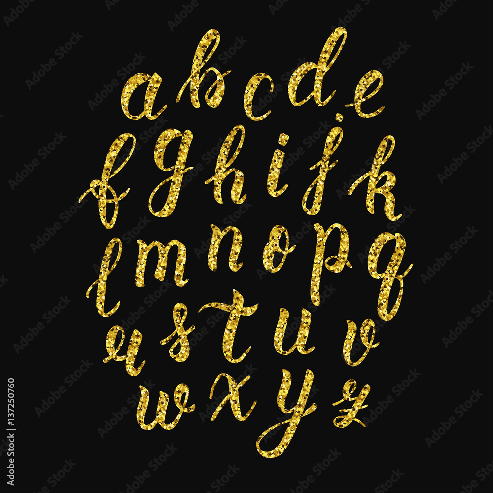 Handwritten latin calligraphy brush script of lowercase letters. Gold ...