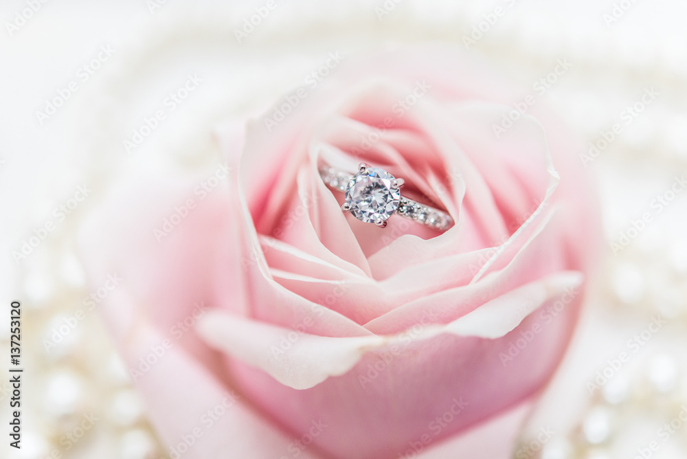 wedding rings with pastel pink rose Stock Photo | Adobe Stock