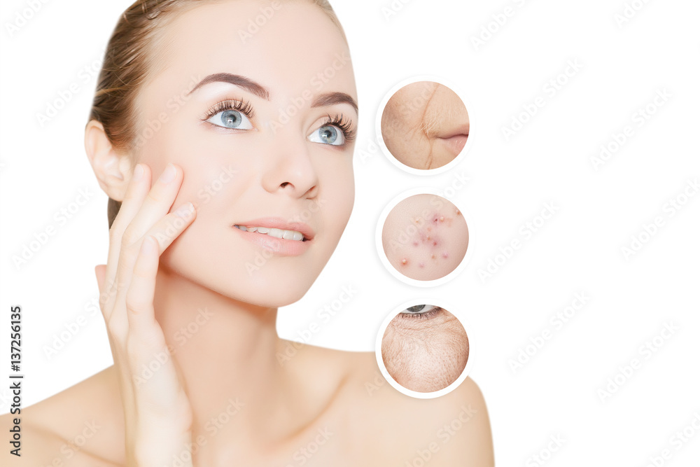 renovating skin: woman takes away her old skin, portrait over white ...
