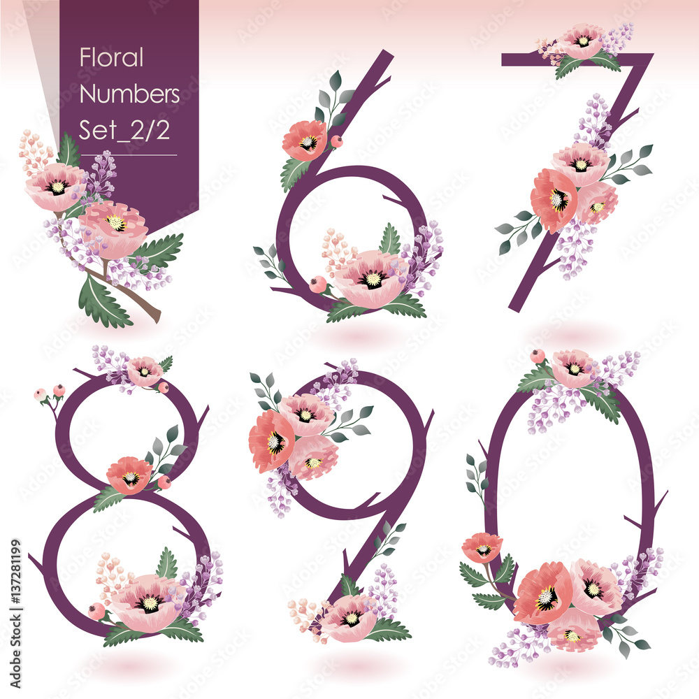 Vector illustration of floral numbers collection. A set of beautiful ...