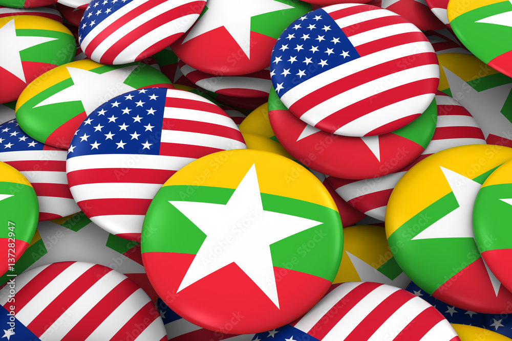 USA and Myanmar Badges Background - Pile of American and Burmese Flag ...