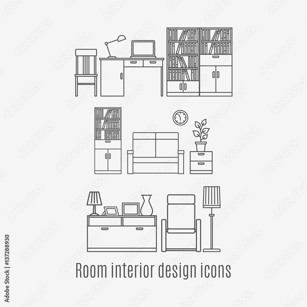 Line art room interior icons set. Vector illustration on white ...
