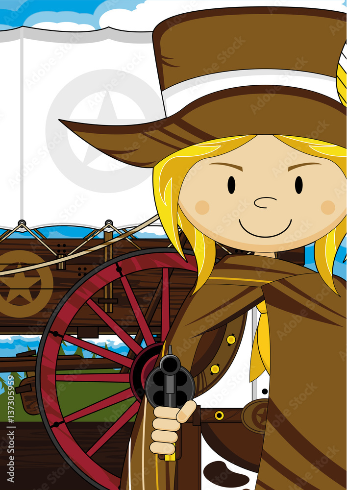 Cute Cartoon Cowboy Girl and Wagon Stock Vector | Adobe Stock
