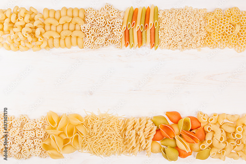 Pasta background decorative border of assortment different kinds ...