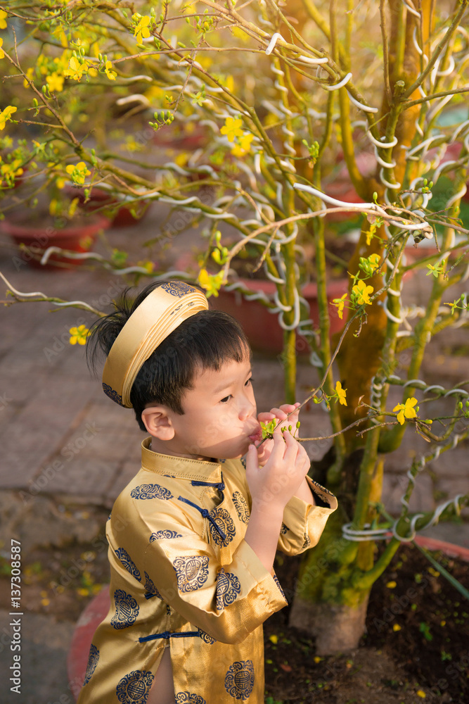 Happy kid having fun with traditional dress (ao dai) in Ochna ...