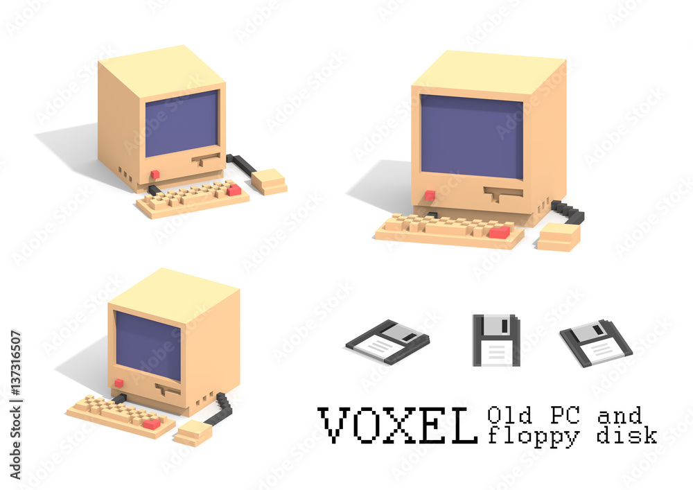 vintage personal computer mouse, keyboard and floppy disk in voxel art ...