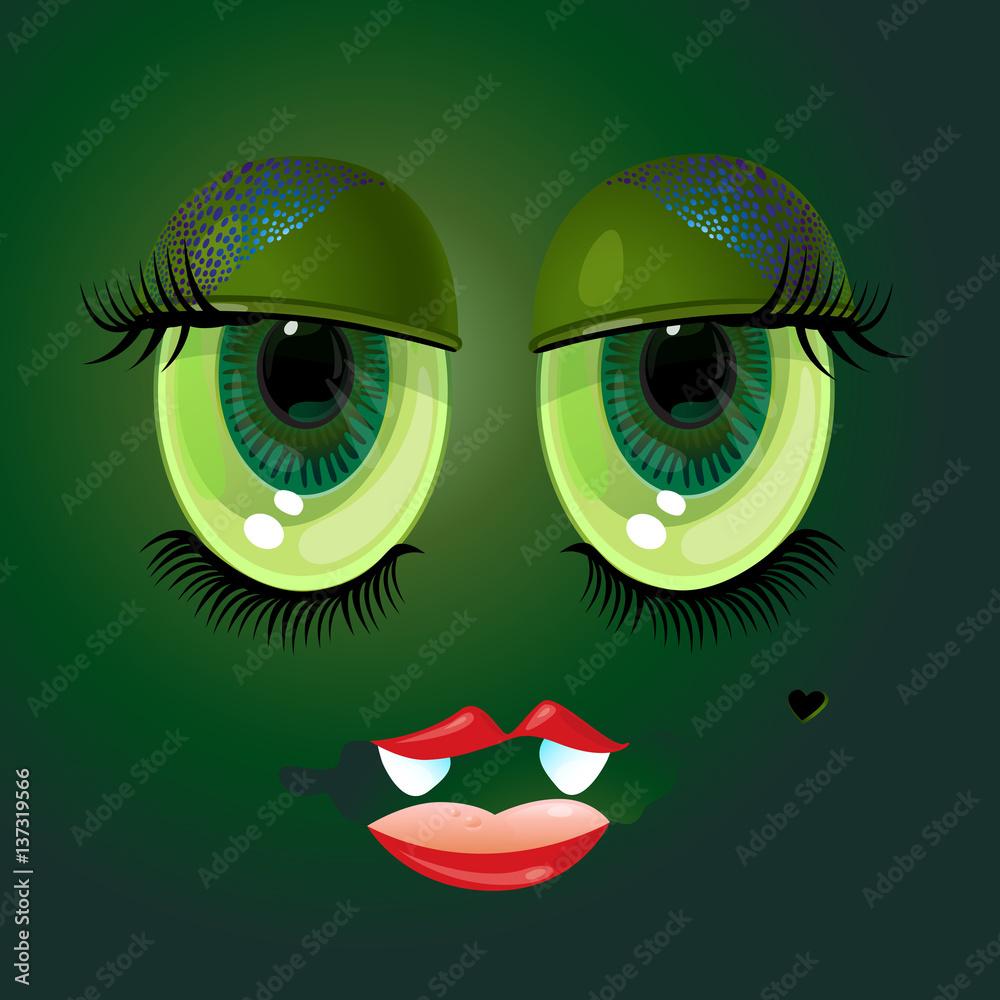 Cartoon anime female monster face with red lips and green eyes. Vector ...