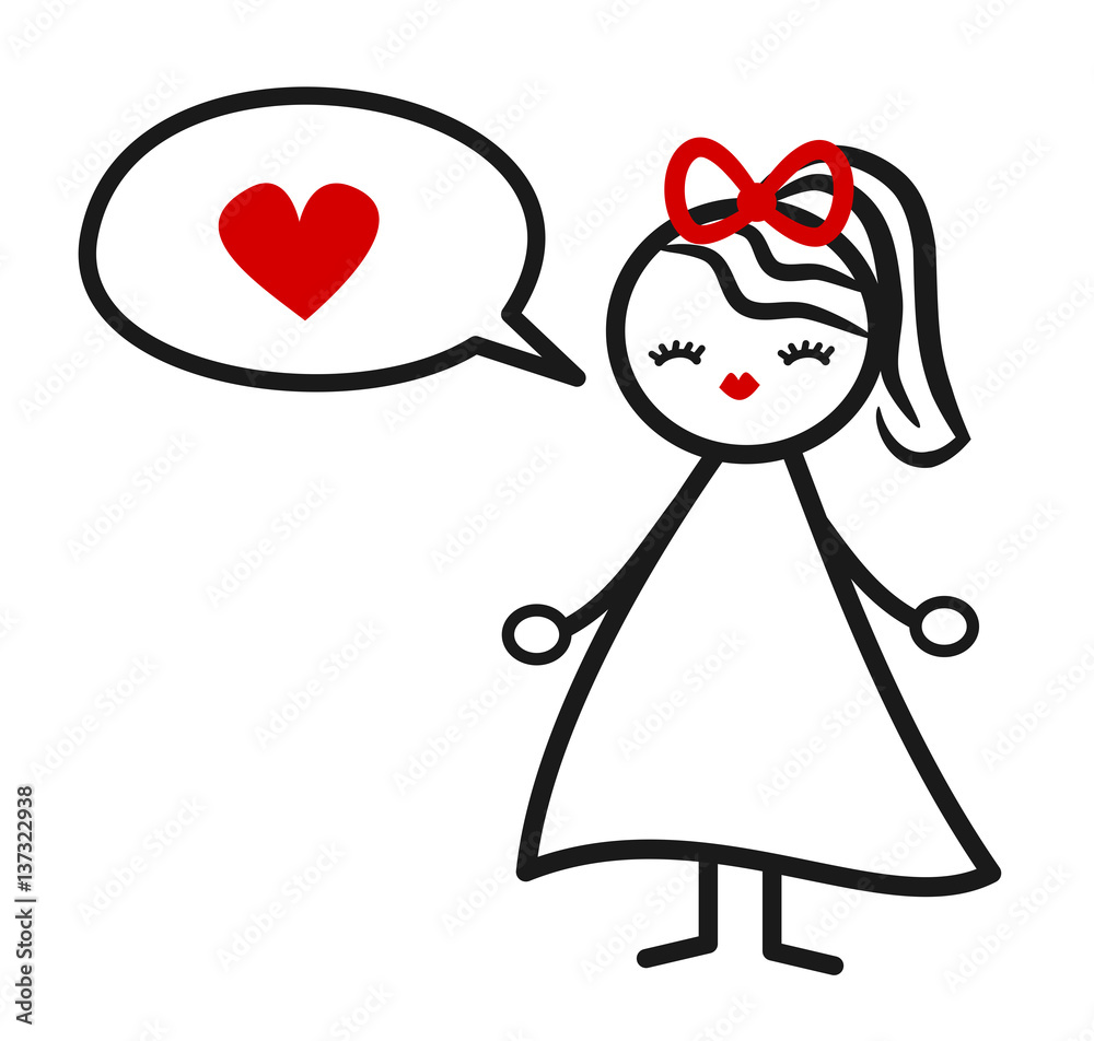 cute lovely black white red stick figure girl and speech bubble with ...