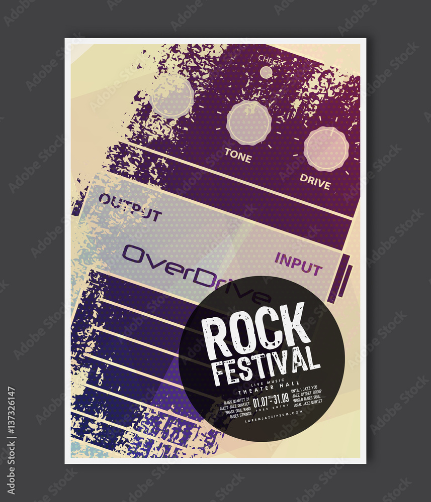 Music poster template. Vector Rock music flyer background with electric ...