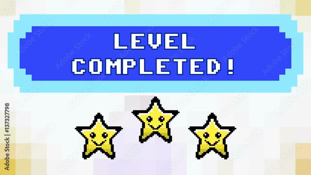 A videogame screen, 8 bit retro style, saying Level completed. Smiling ...