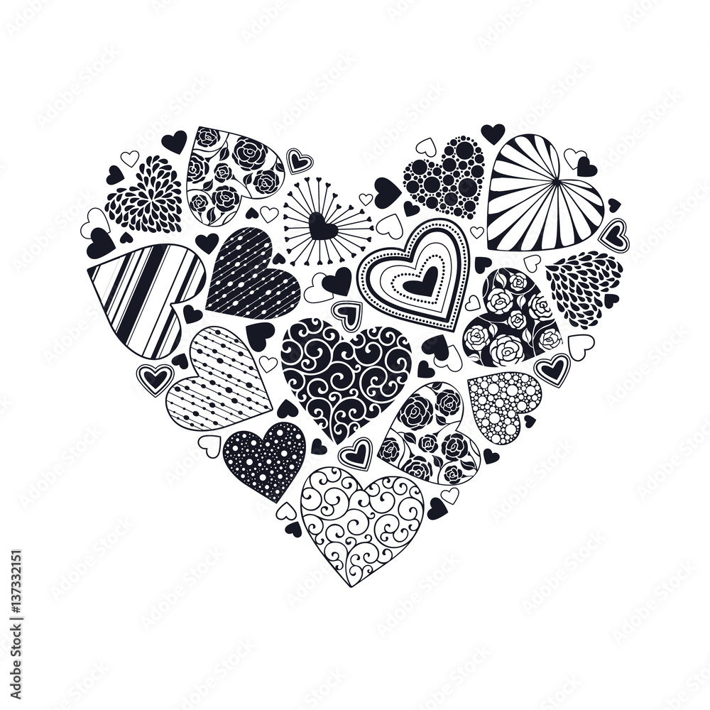 Romantic heart shape with ornament isolated on white background. Design ...