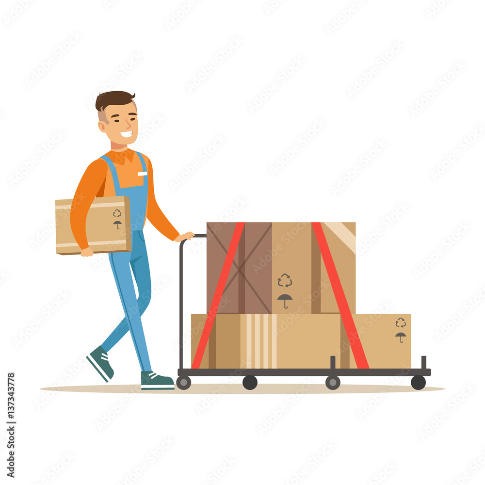Delivery Service Worker Pushing Loaded Cart, Smiling Courier Delivering ...