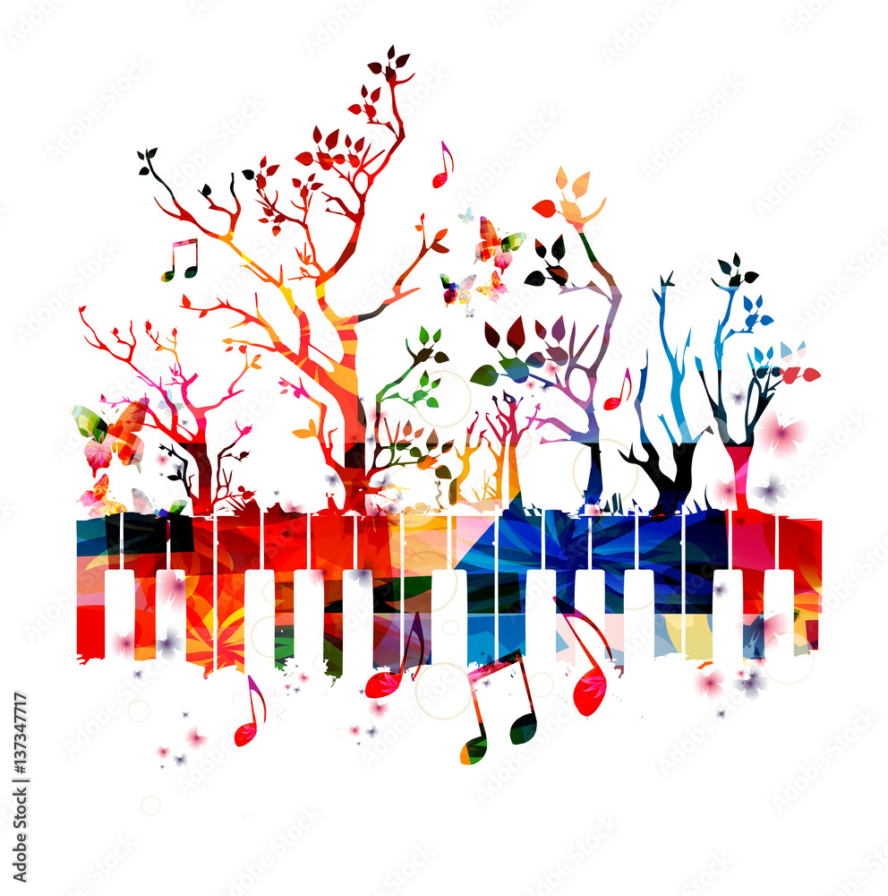 Colorful piano keyboard with trees and music notes. Music instrument ...