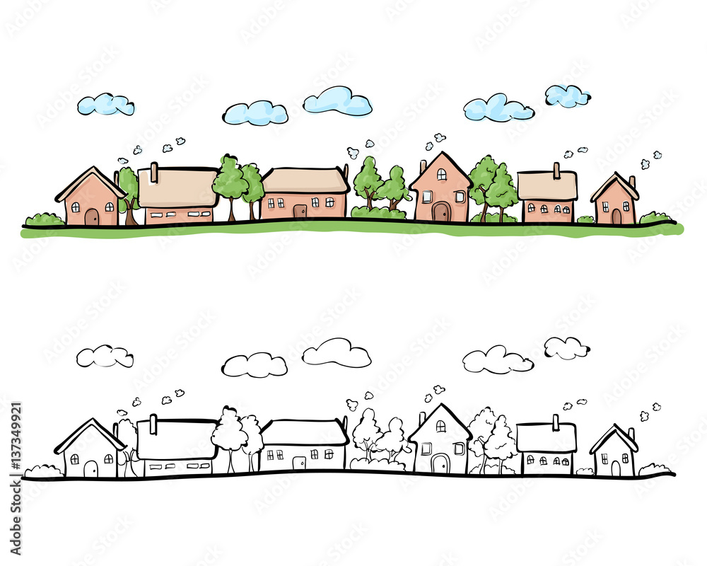 Cartoon hand drawing of small town. Vector with color on white ...