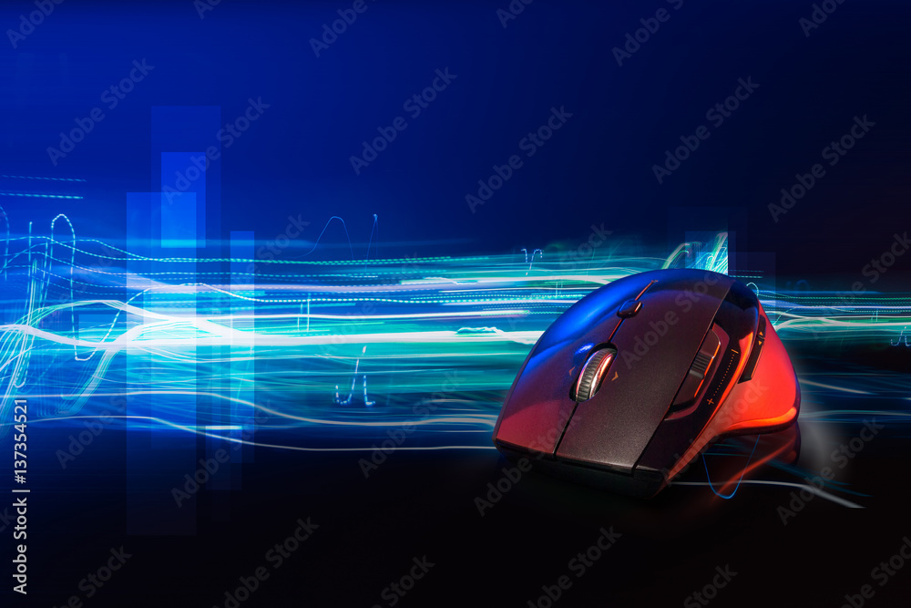 High technology computer gaming mouse fast moving in blue tone with ...