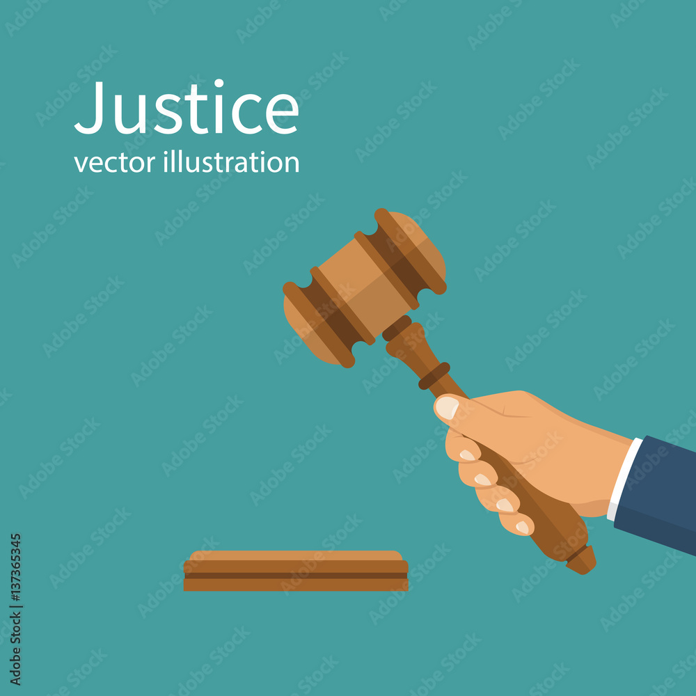 Justice. Hand holding judges gavel. Vector illustration flat style ...