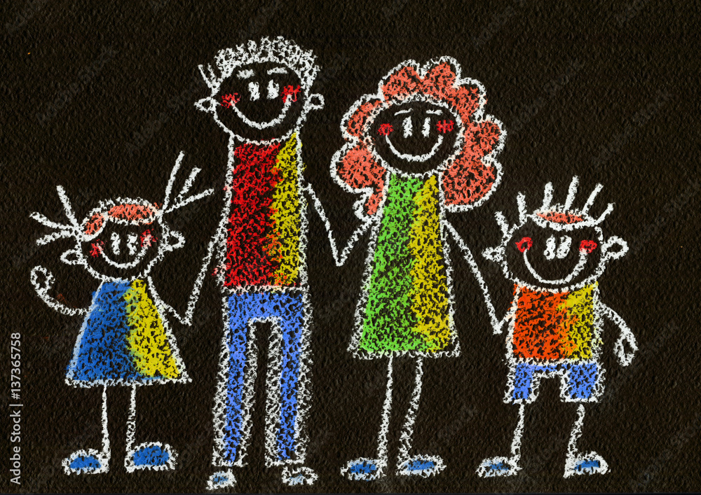 Kids drawing style Happy family Mother, father, son, daughter Happy boy ...