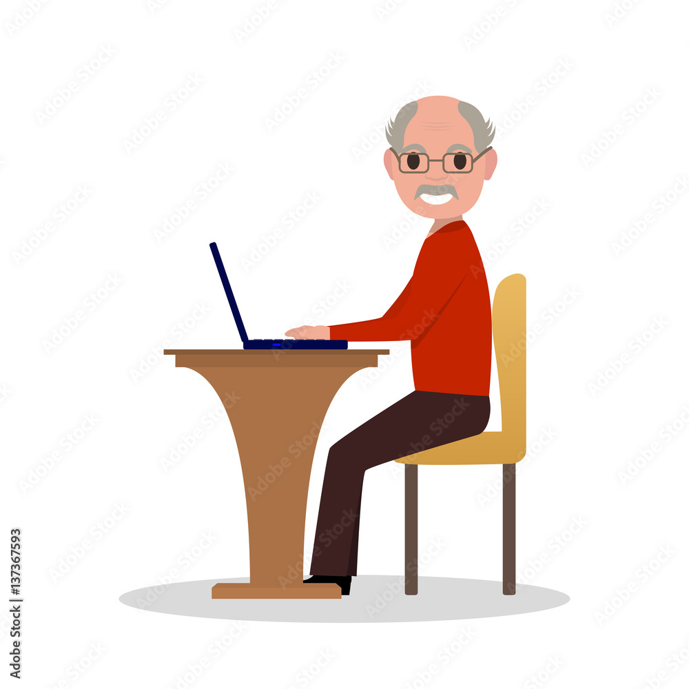 Vector cartoon old man sitting at desk with laptop Stock Vector | Adobe ...