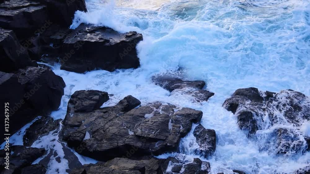 Big strong waves crashing against to sharp rock of the Isle of Skye in ...