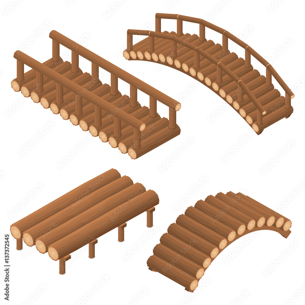 The bridge of wooden logs. Arched and straight. Stock Vector | Adobe Stock