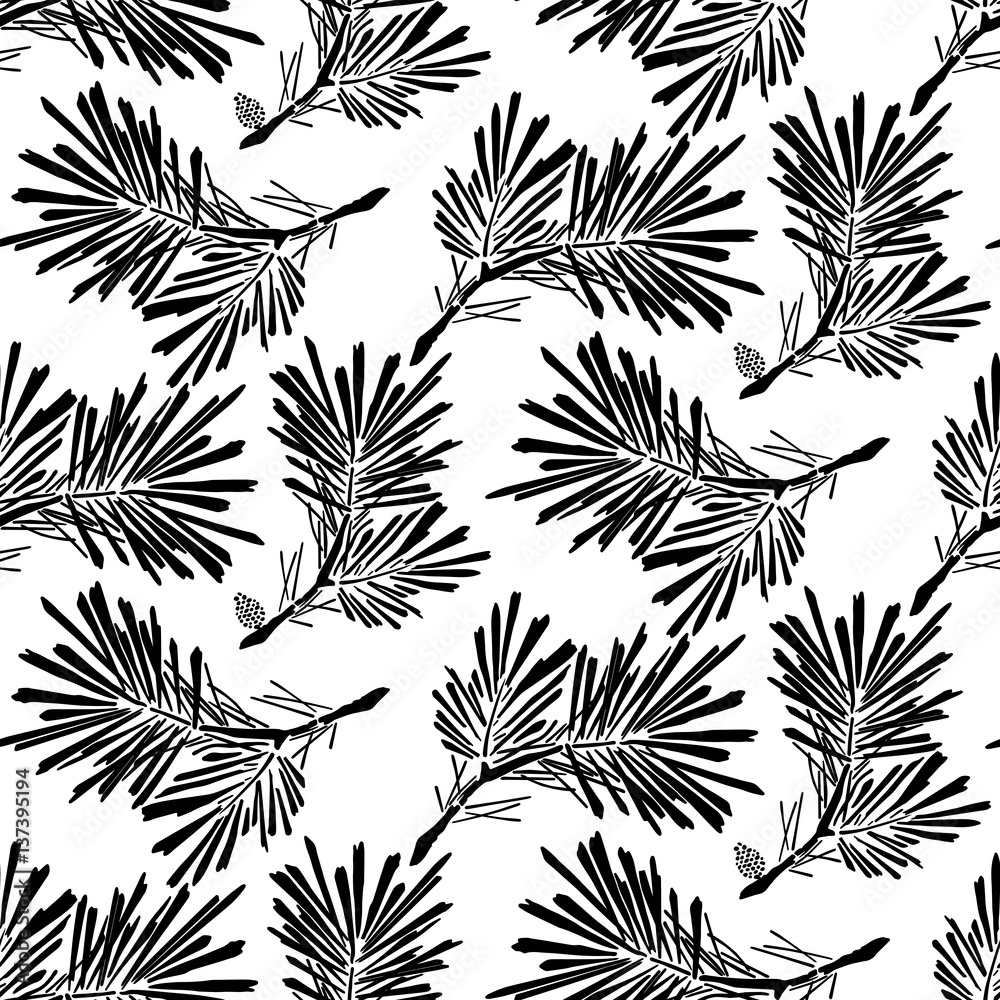 Seamless black and white pattern of sprigs of spruce.Vector ...