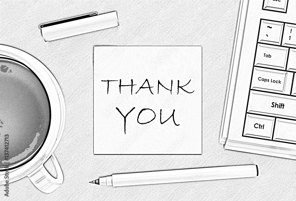 THANK YOU, message on note paper, computer and coffee on table, Pencil ...