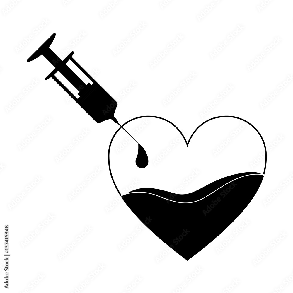 monochrome silhouette Needle syringe donate blood in heart shape vector ...