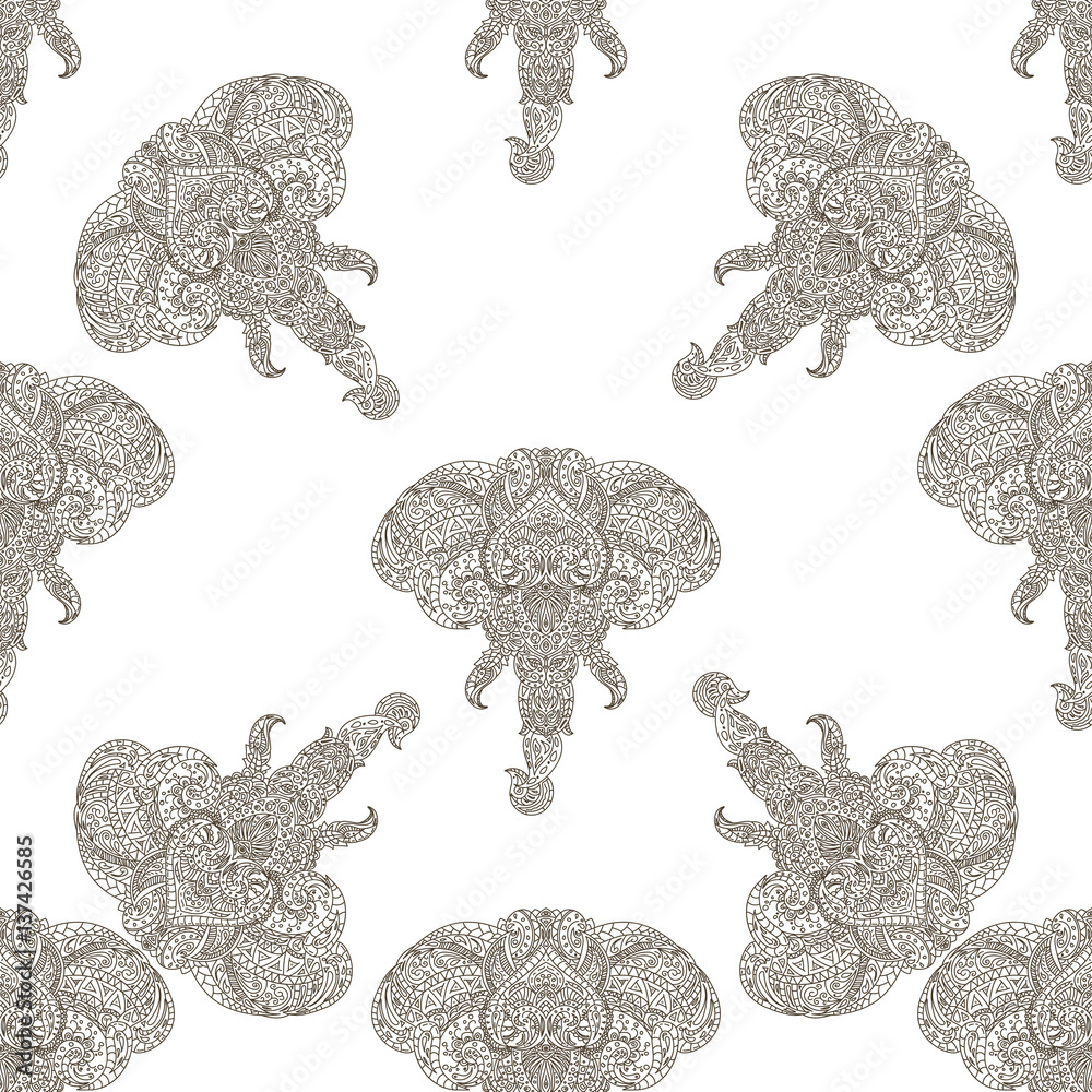 Seamless pattern of elephant head with tribal ornaments . Traditional ...