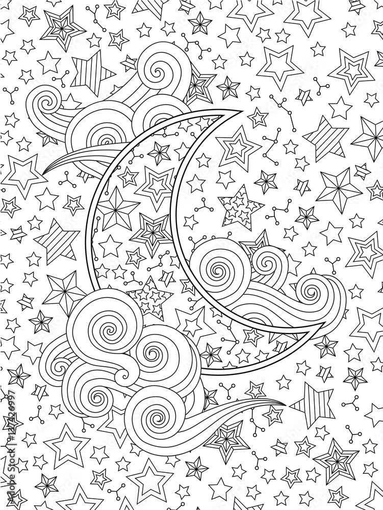 Contour image of moon crescent clouds, stars on the sky in zentangle ...
