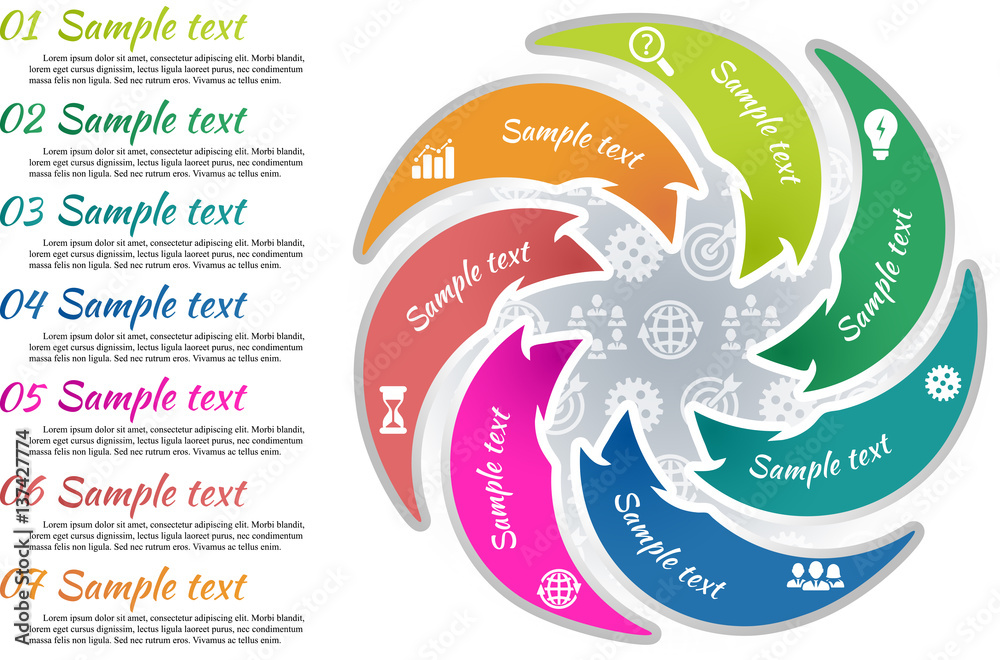 Circle infographic template 7 steps. Arrow shape parts of chart with ...