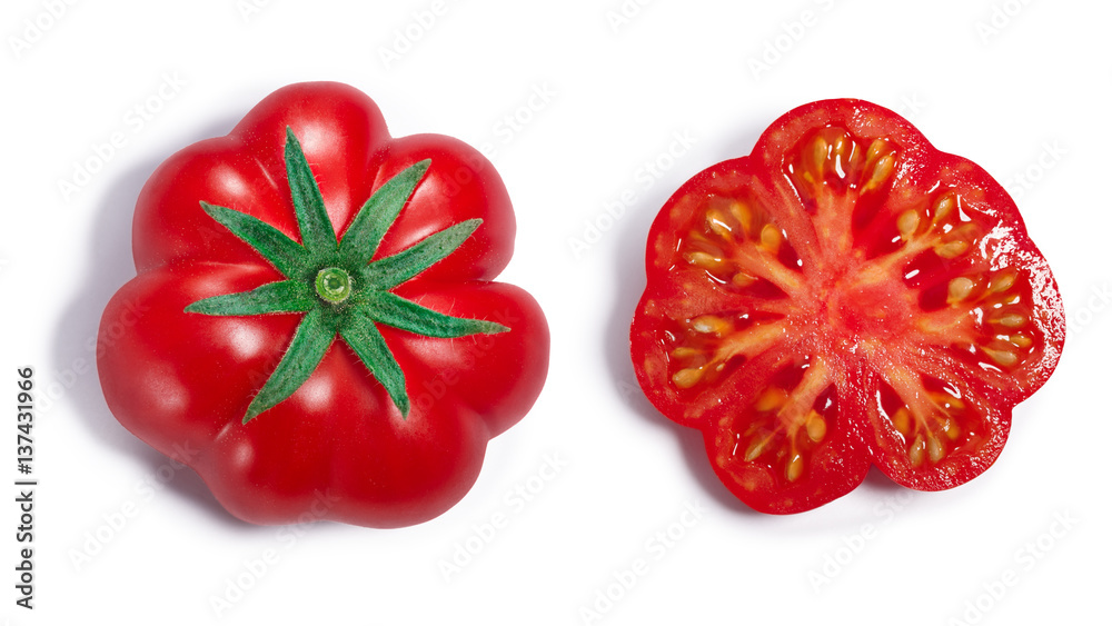 Ribbed tomato, whole and half, paths, top view Stock Photo | Adobe Stock